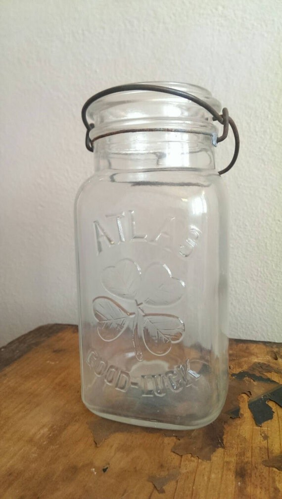 Vintage Jar Glass Atlas Good Luck Shamrock Jar Vase Floral