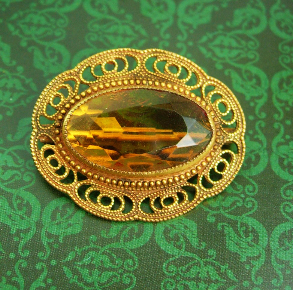 Antique Victorian Golden Topaz Brooch Large beautiful filigree
