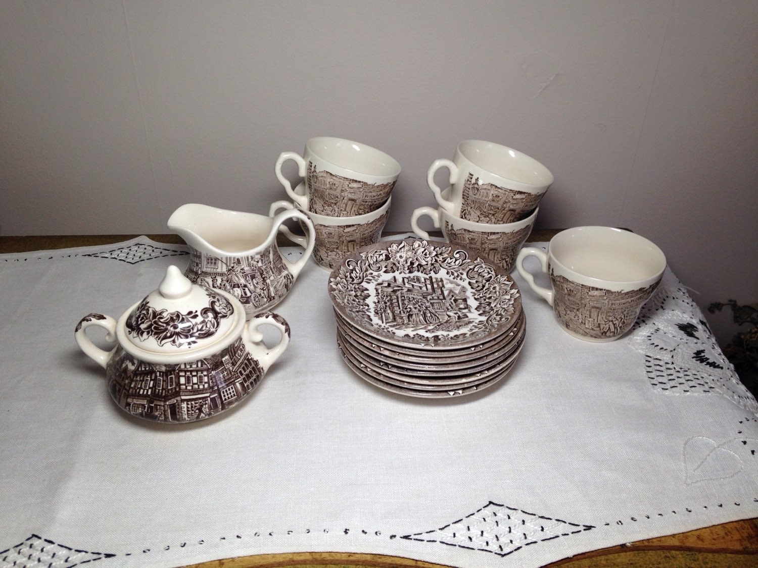 Vintage Brown Toile Tea Set Cups, Saucers, Cream & Sugar English ...