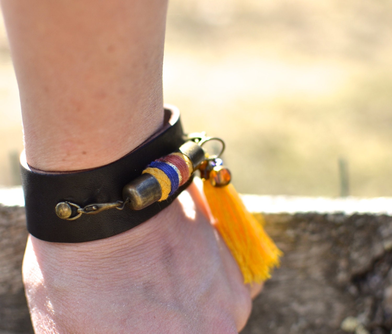 Brown Leather Cuff with Yellow Purple Clay wrapped Rope by aerlume