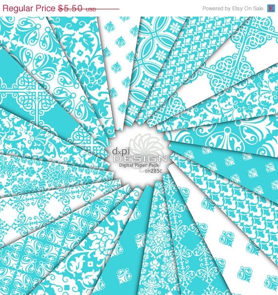 Turquoise Damask Digital Papers and Background by dxpidesign