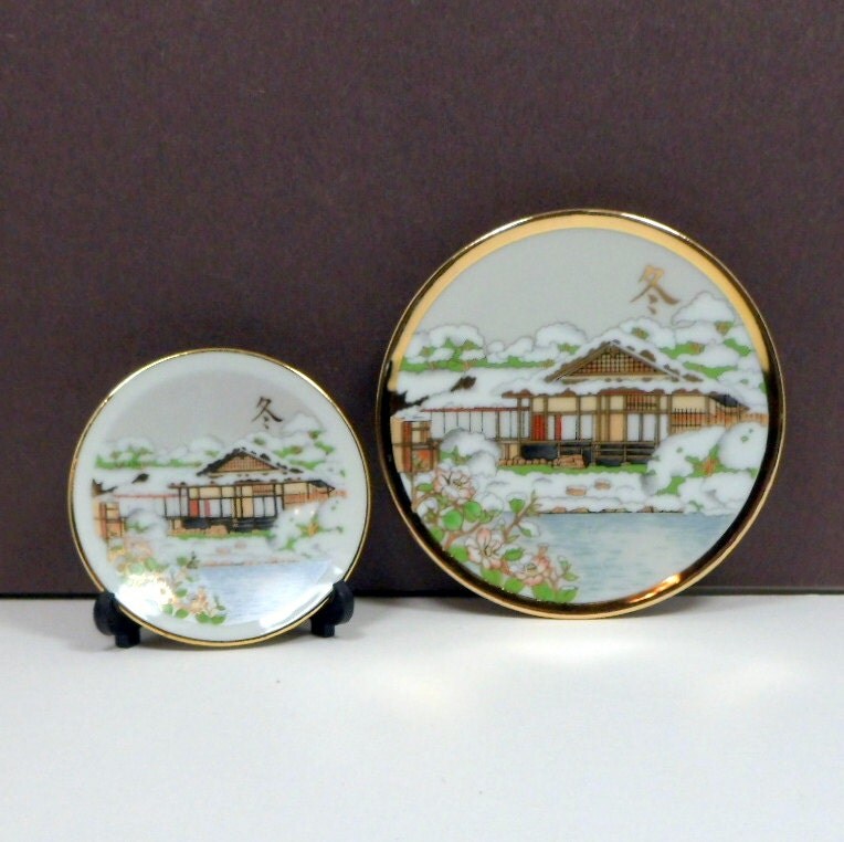 Vintage Porcelain Hand Painted Miniature Seasonal Plates and Stand ...