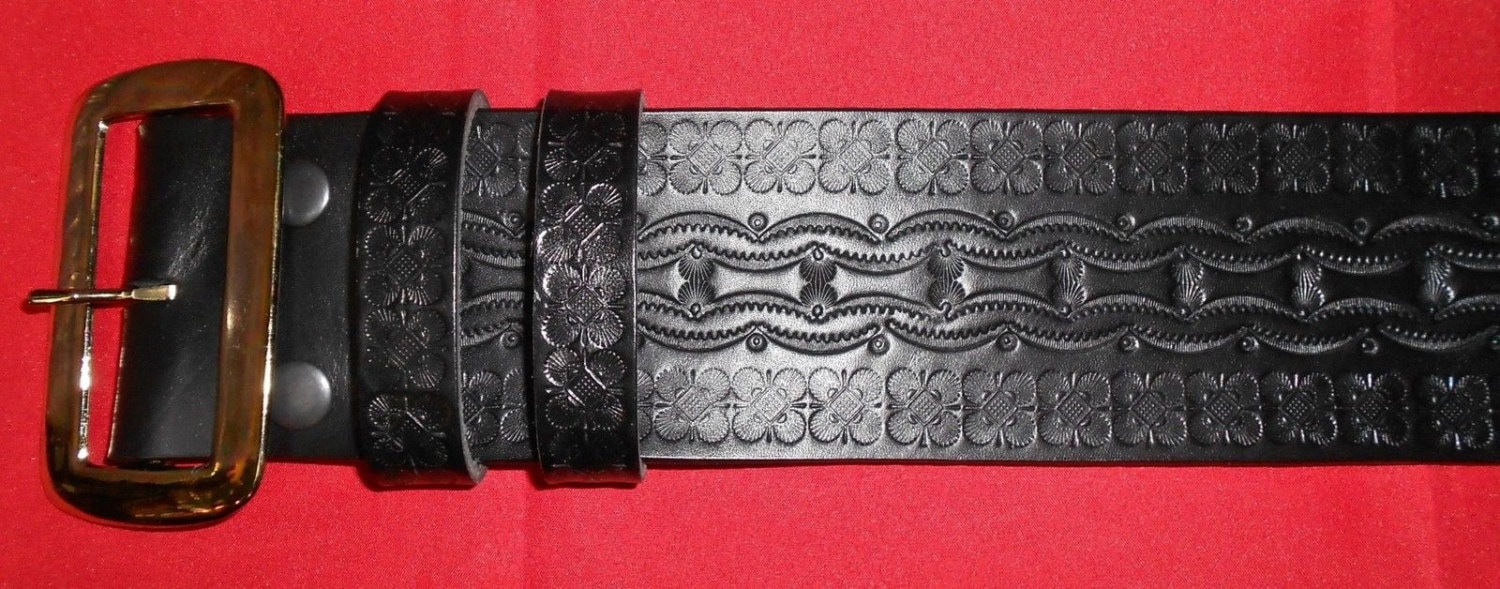 Tooled Santa Claus Belt and Buckle Solid Leather High