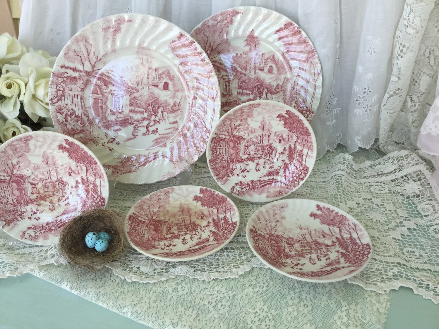 Red Toile Dishware Rossini Country French plates and saucers