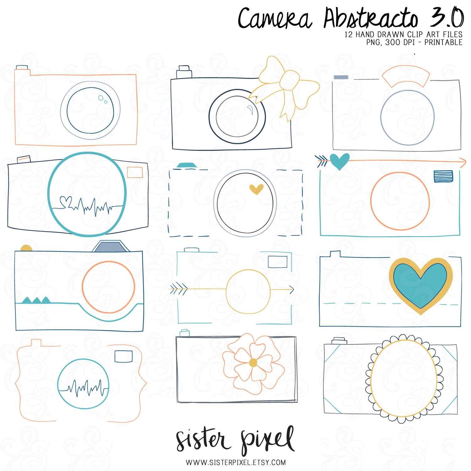 Cameras Clip Art Doodled Abstract Cameras in Yellow Blue
