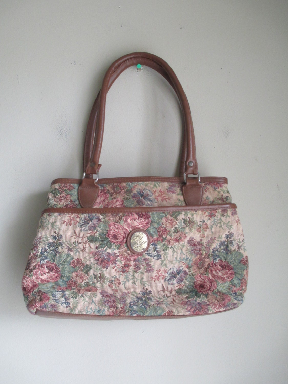Vintage Tapestry Leather Floral Flower Print Brown Green Shoulder Purse ...