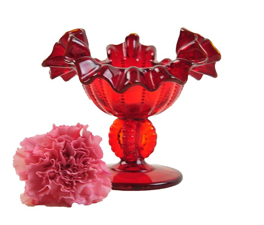 Ruby Red Fenton Glass Candy Dish Vintage Hobnail Ruffled Compote Beaded ...