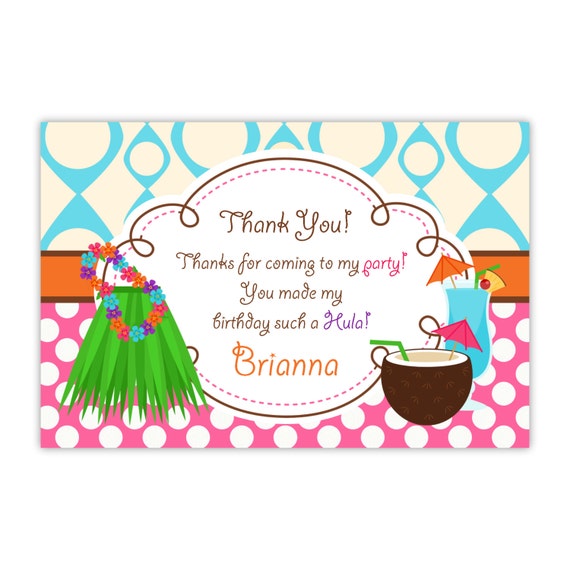 Luau Thank You Card Pink Polka Dot Coconut Drink Grass