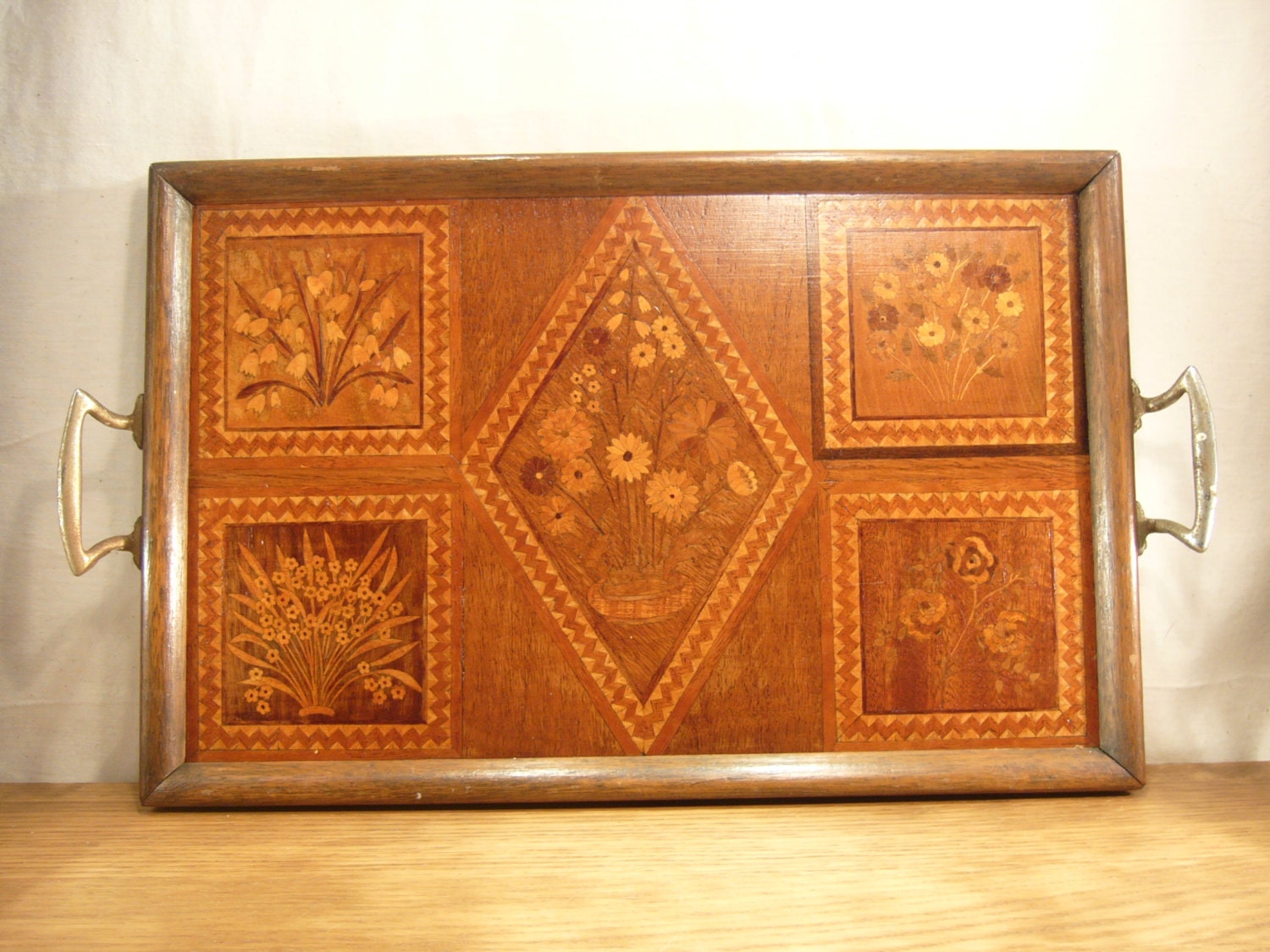 Vintage rustic marquetry tray with floral design – decorative use only ...