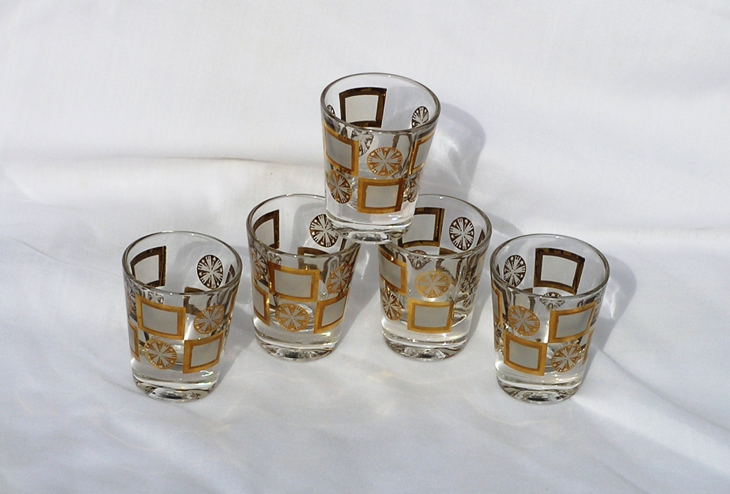 1960's Atomic Gold Foil Mad Men Shot Glasses by TreasureByDemand