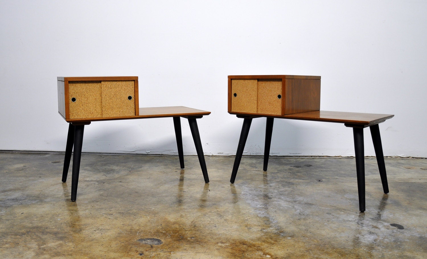 Pair of Mid-Century Paul McCobb Style Step Side End Tables Walnut Cork ...