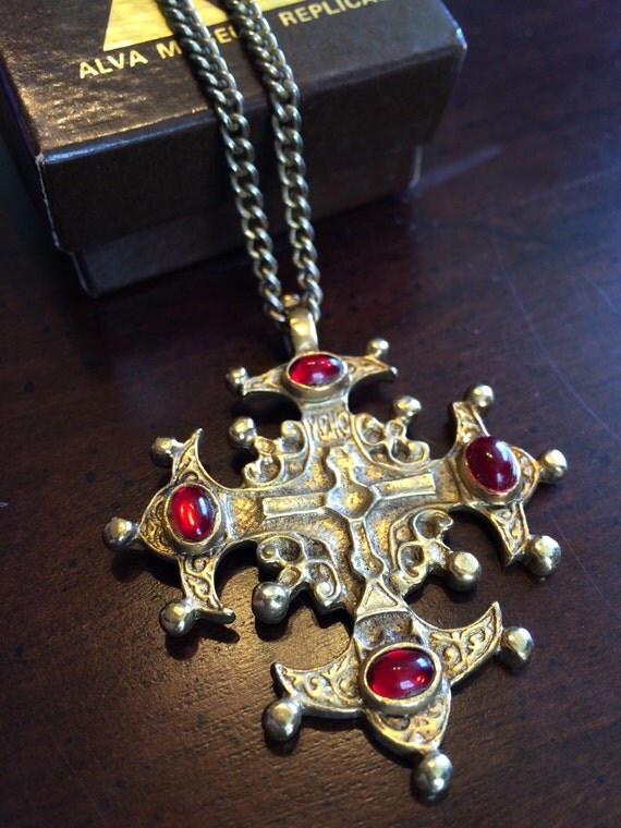 Russian Gold Amulet Cross w Red Garnet Cabachons Pendant