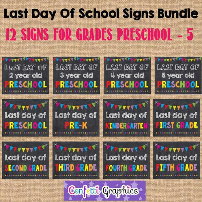 Last Day of School Chalkboard Sign Bundle Grades Preschool