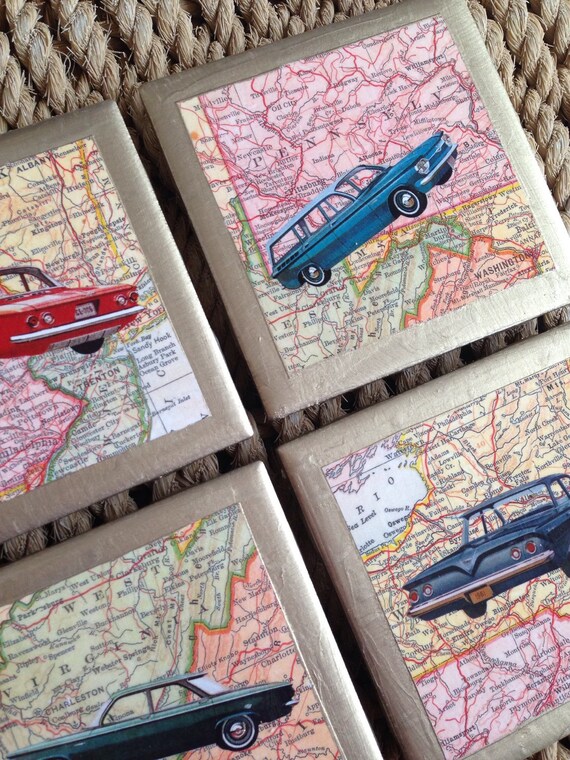 COASTERS Set of map coasters with vintage cars by craftsandthecity