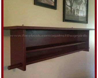 Handmade primitive wall quilt rack with center and top shelf, Rustic Decor