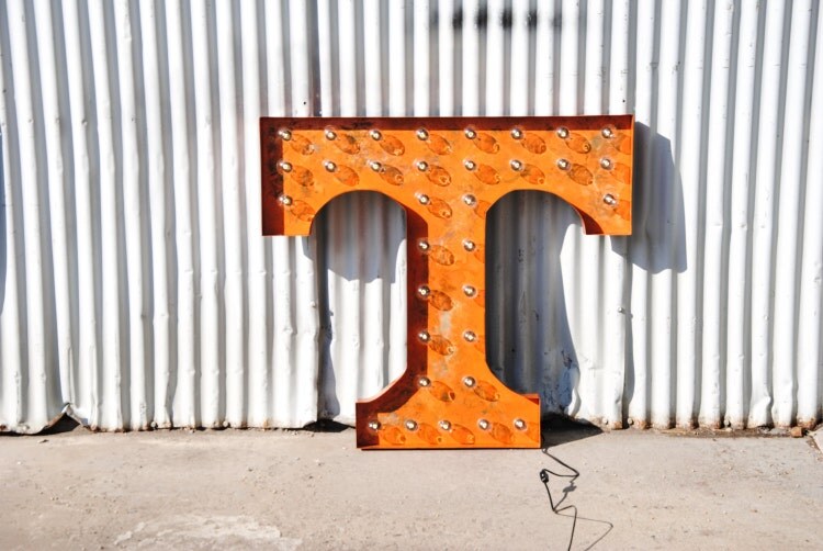 UT Power T weathered metal letter light in by ElementalArthouse