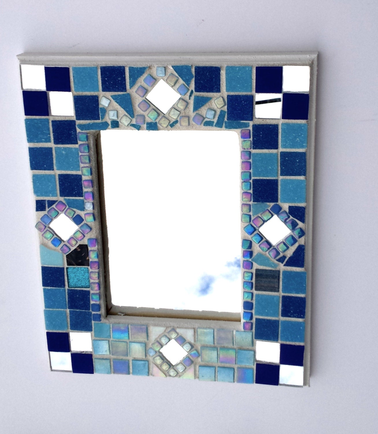 Mosaic Art Mirror featuring Blue Iridescent and Mirrored tile