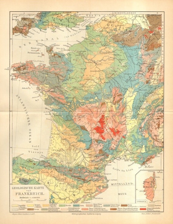 1903 Original Antique Geological Map of France