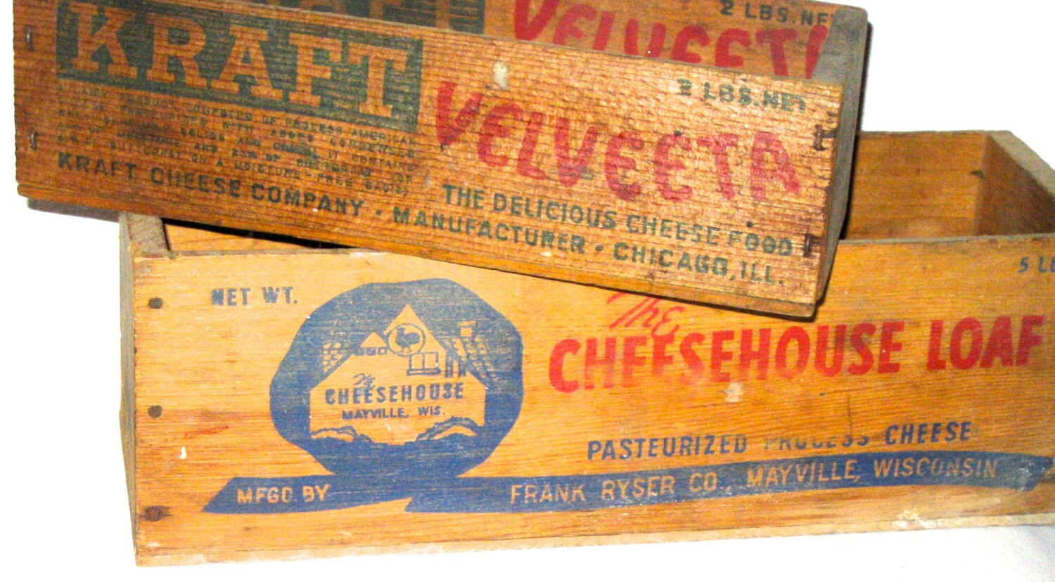 2 vintage wood cheese boxes Kraft Velveeta and The Cheesehouse Loaf ...