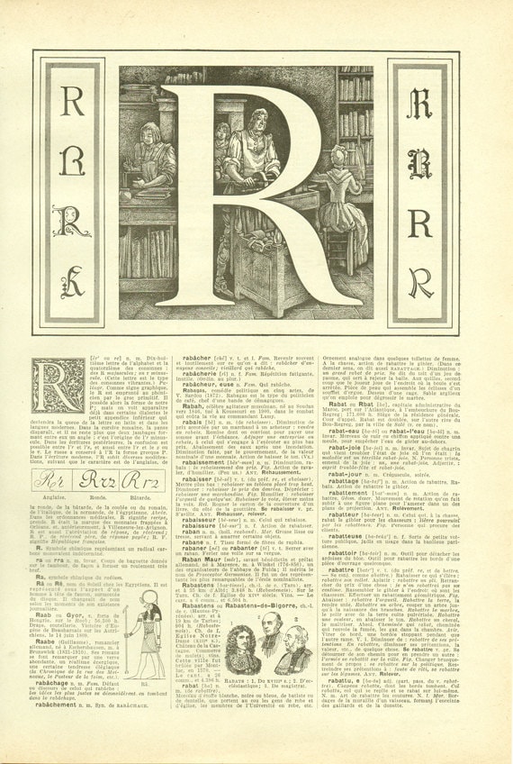 1948 Lettre R Calligraphie vintage page de dictionnaire