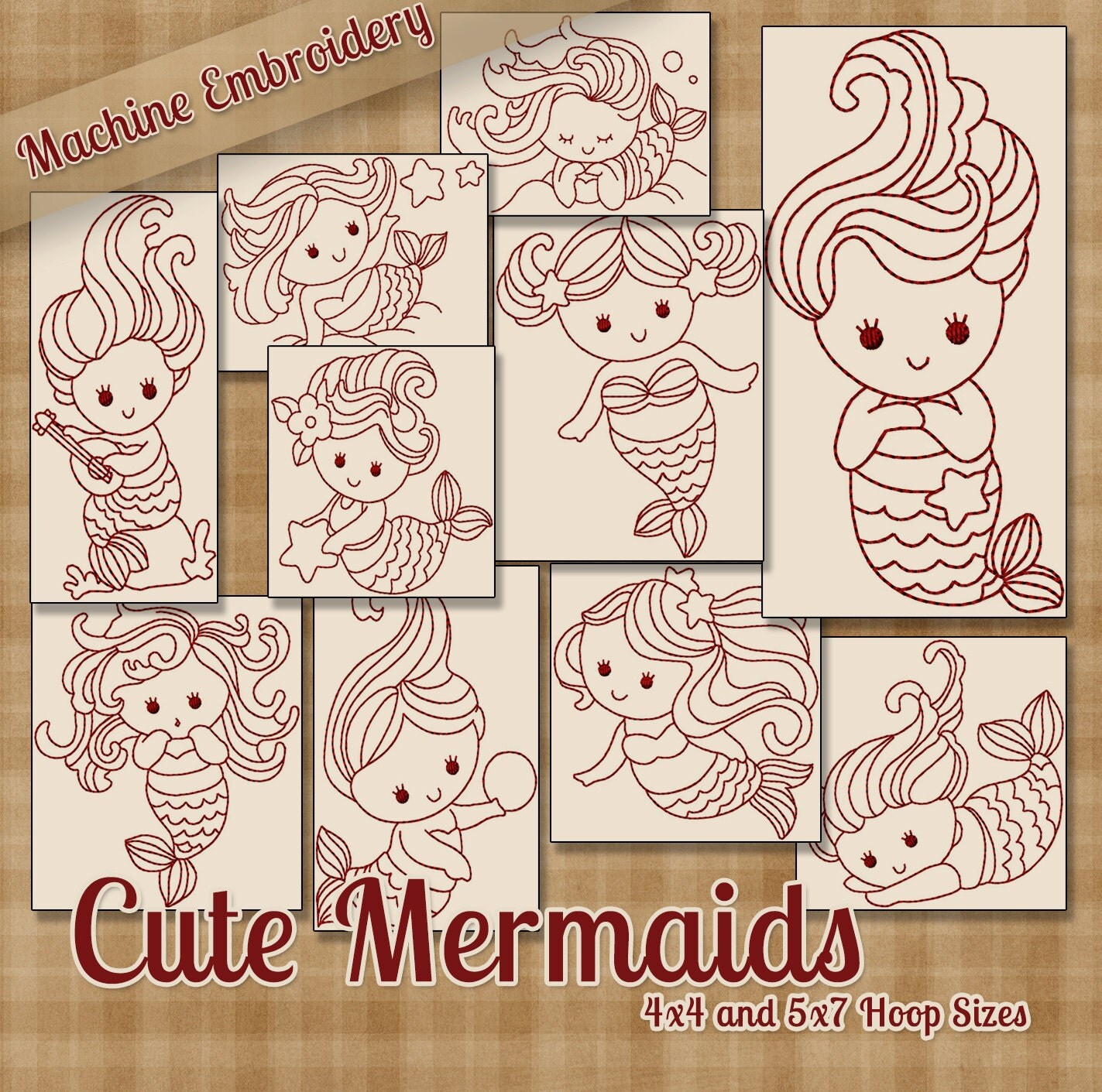 Redwork Cute Mermaids Machine Embroidery Patterns / Designs