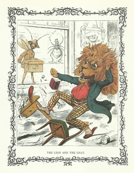 Lion and the Gnat Aesop Fables Print by Charles H Bennett