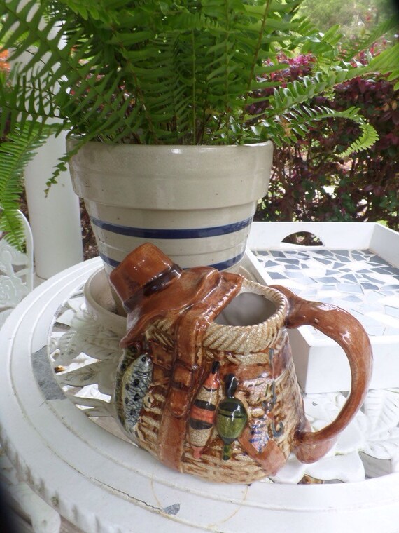 Vintage Ceramic Watering Can Fishing Theme