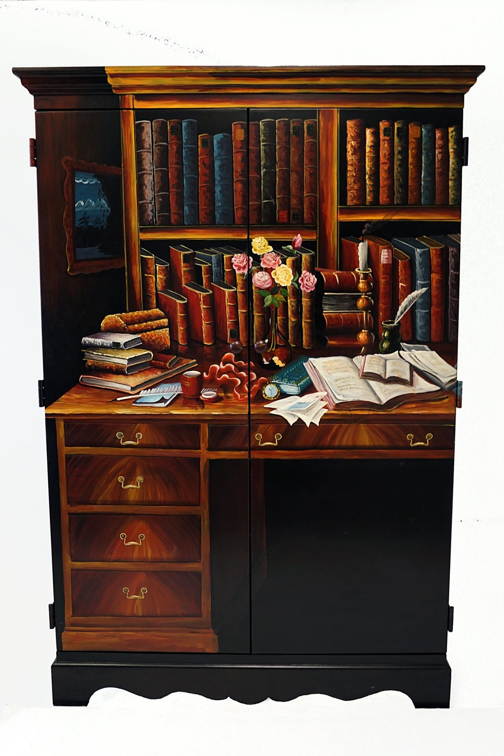 Tall Double Door Hand Painted Closet Cabinet Library Book Design ...