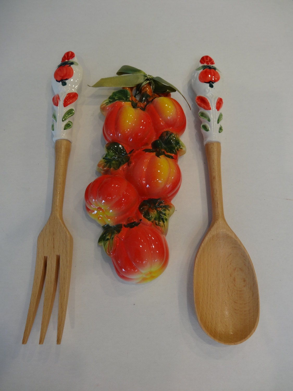 ITALIAN serving utensils and wall plaque, wooden and ceramic salad fork ...