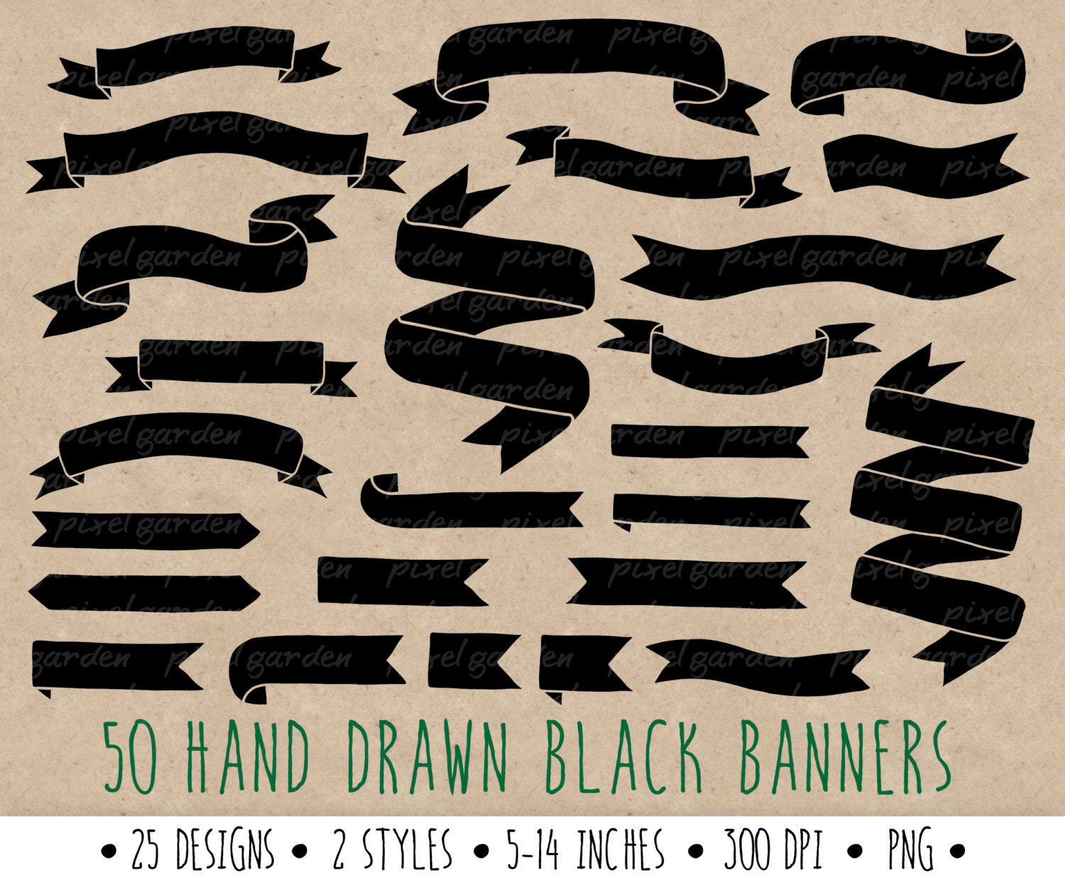 Hand Drawn Banners Clip Art. Doodle Ribbon Banners. Black
