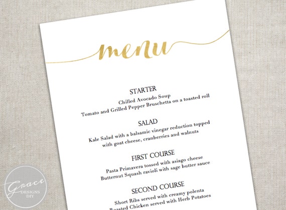 Gold Menu Download/ Calligraphy style script/ by GraceDesignsDIY