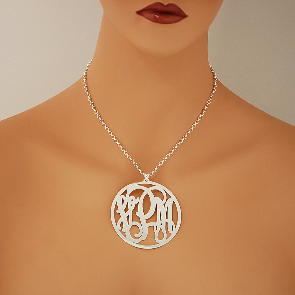 Extra Large Sterling Silver 3 Initials Circle Monogram Pendant Necklace