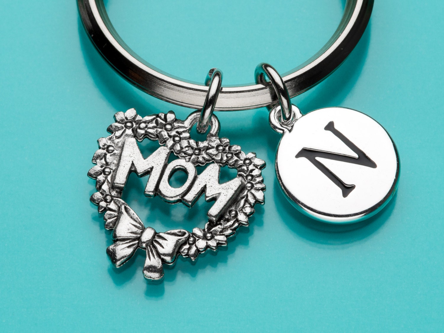 Mom Keychain Mom Key Ring Mom Wreath Mom Heart Initial