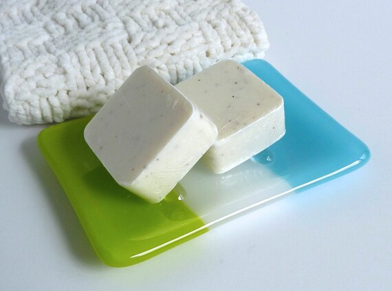 Fused Glass Soap Dish in Cyan Blue White and Spring by BPRDesigns
