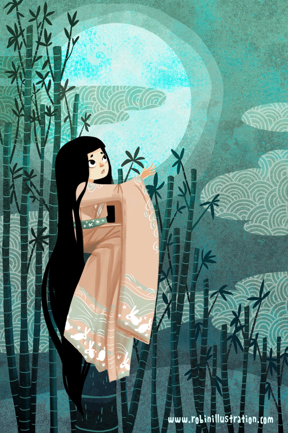Bamboo and Moon 8x12 Japanese folklore illustration