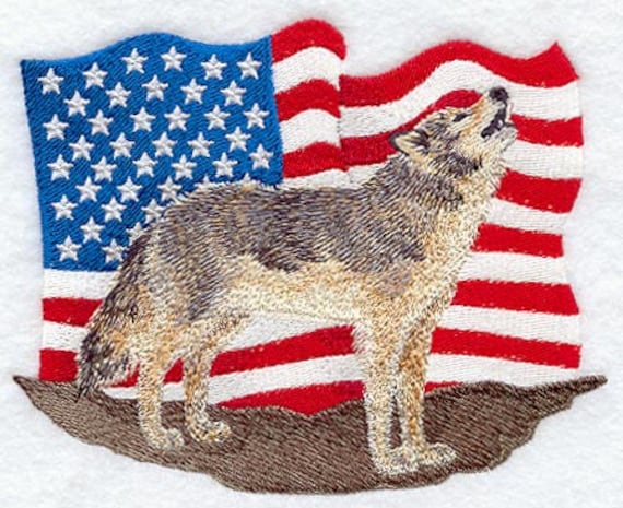 WOLF & U.S. FLAG Machine Embroidered Quilt Block AzEB