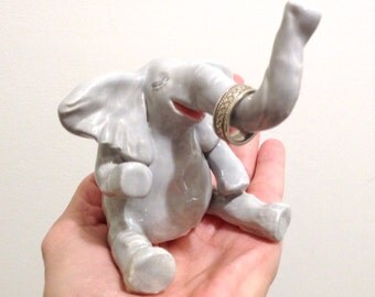 Gray Elephant Ring Holder, Ceramic Elephant Sculpture