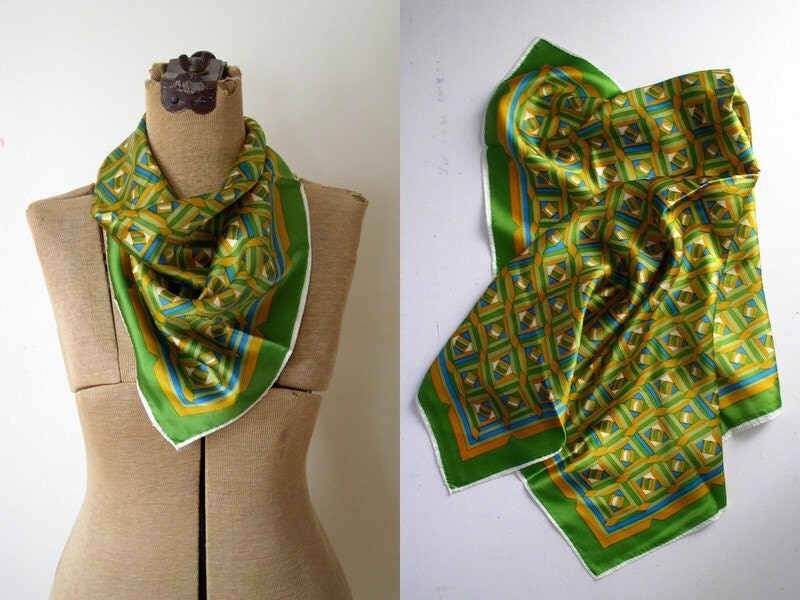 Vintage 1960’s Scarf / 60’s Green, Yellow & Blue Satin Graphic Mid ...