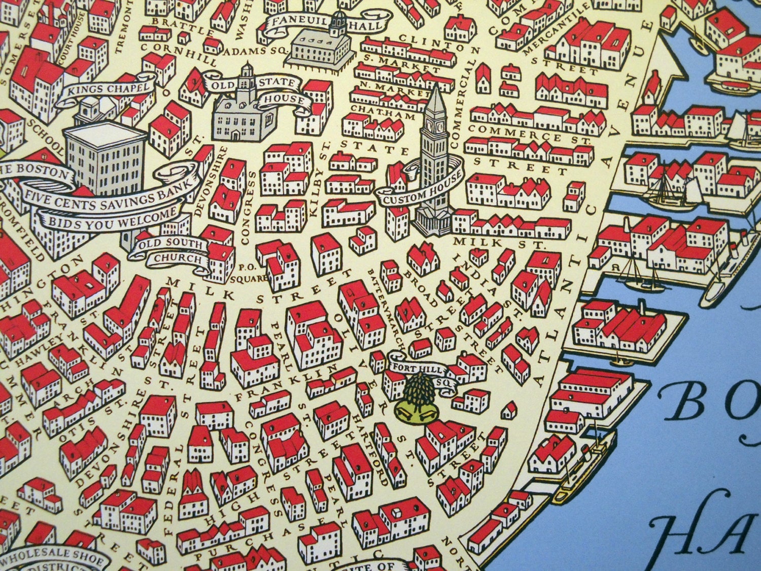 Boston Downtown 1920 Map Poster Vintage Charles River North