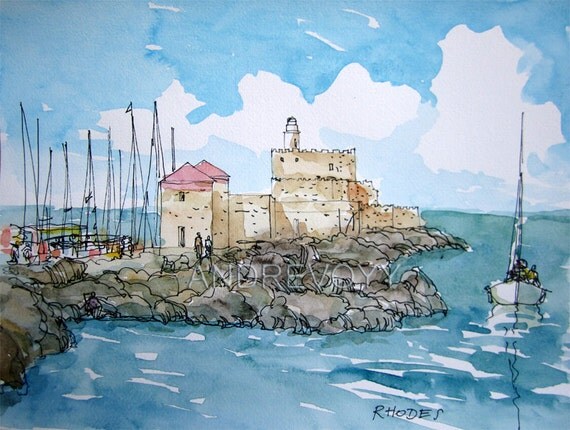 Rhodes Greece art print from an original watercolor painting