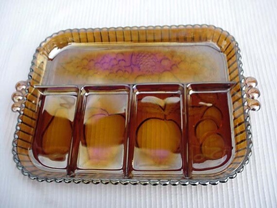 Amber Carnival Glass Relish Tray Fruit Motif 5 Sections Home