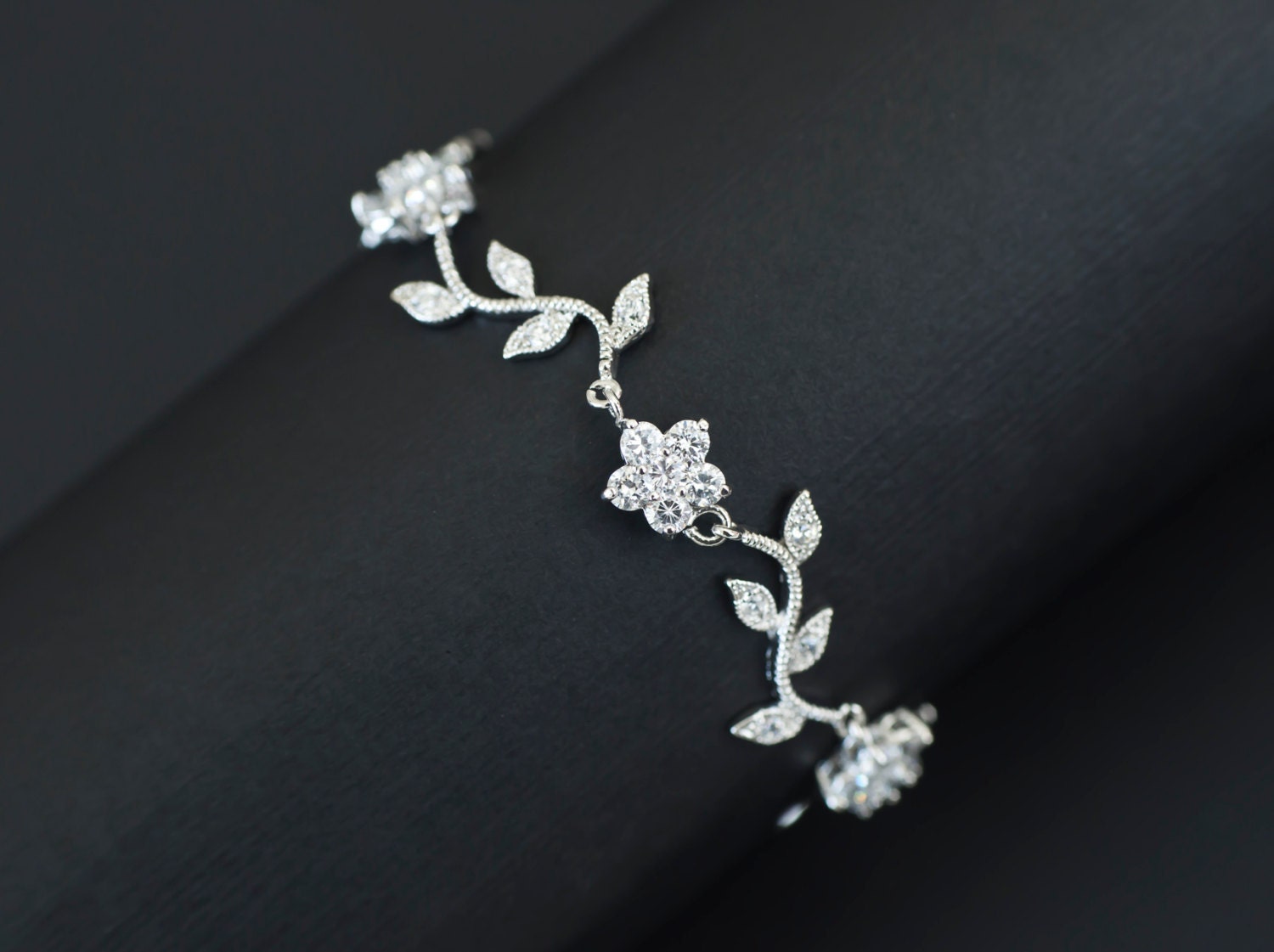 Bridal Bracelet Cubic Zirconia Flower and Branch Tree