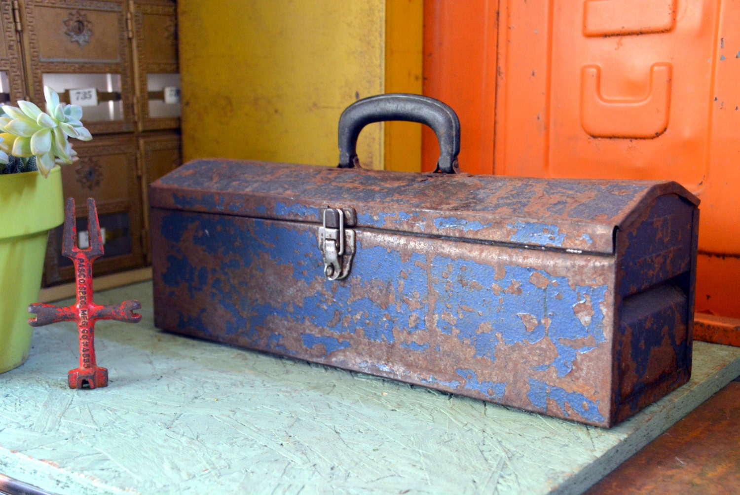 Long Antique Navy Blue Steel Toolbox: Hardware & Tool Storage Chest ...