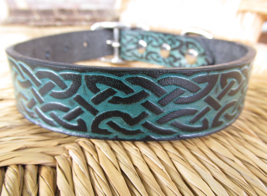 1 Black and Turquoise Celtic Leather Dog Collar.