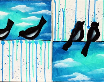 black bird painting, two piece painting, crow art, black bird art, blue ...