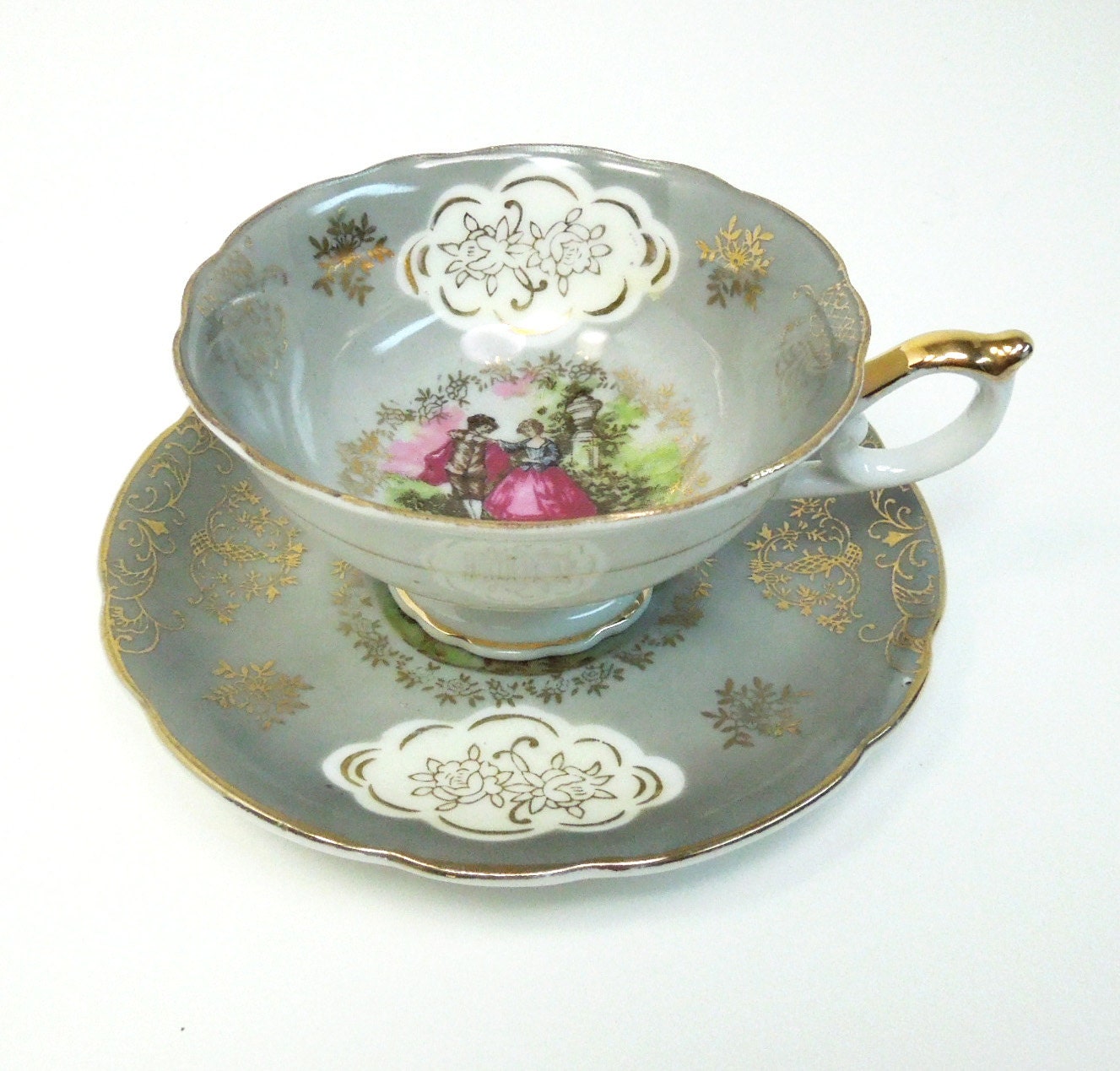 Vintage gray grey teacup and saucer with Victorian or French couple in ...