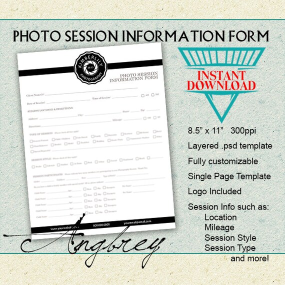 Photo Session Form for Photographers Session Information