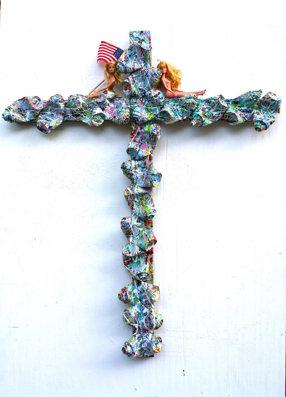 Barbie doll Jesus christ cross sculpture USA flag street art