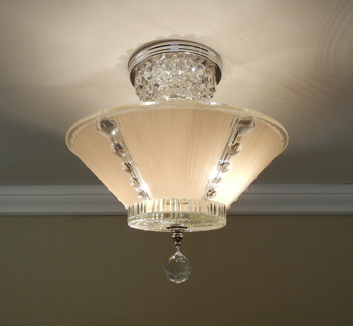 Vintage Ceiling Light 1940's Cream Pleated Bubble Pressed