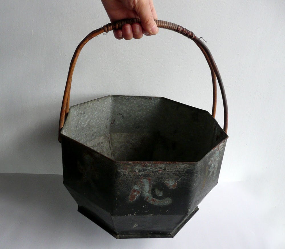 Charcoal carrier – Japanese vintage – tin bucket with cane handle ...